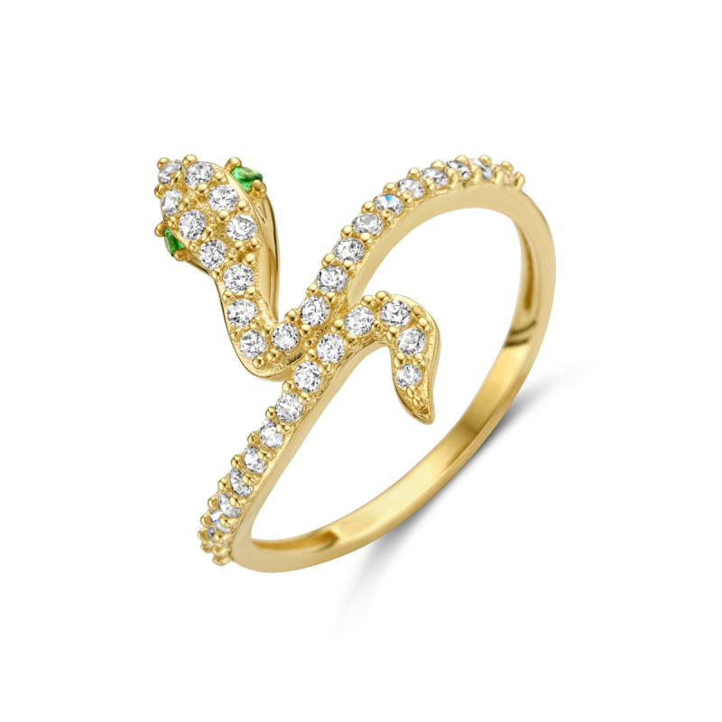 14-karaat gouden slang ring met smaragd en zirkonia | Mostert Juweliers