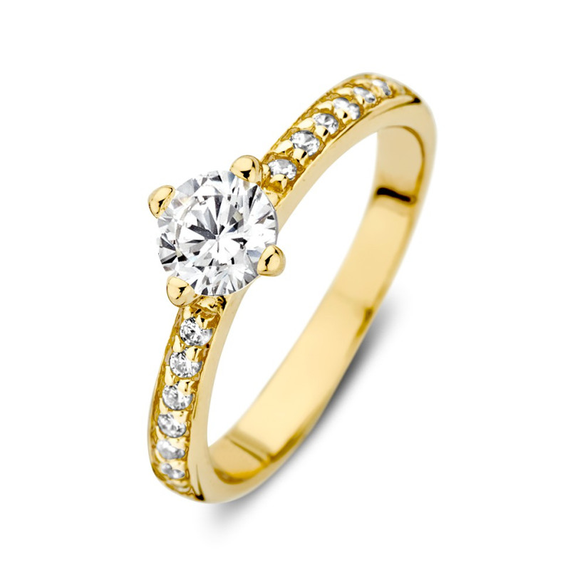 14-karaat gouden solitair ring met grote en kleine zirkonia stenen ...