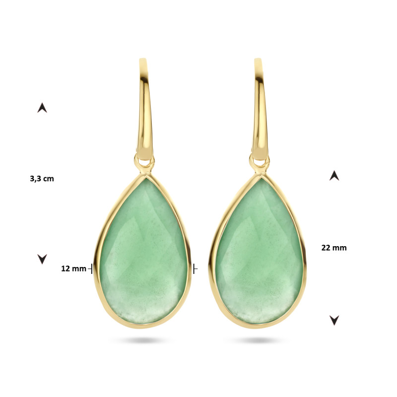 Gold plated oorhangers met groen kwarts - 33 x 12 mm | Mostert Juweliers