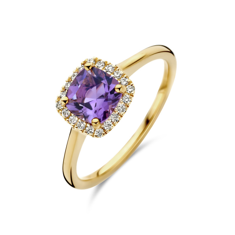 Gouden edelsteen ring met echte paarse amethist en diamant 0.10 crt ...