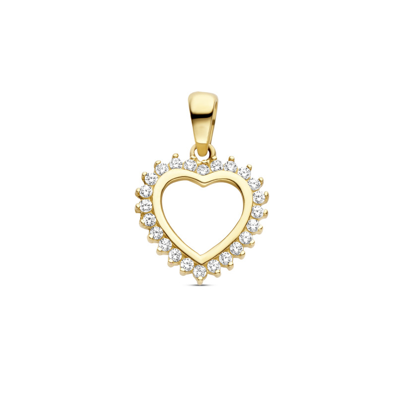 Gouden opengewerkte hartjes hanger met zirkonia's rondom - 12.5 mm x 19 ...