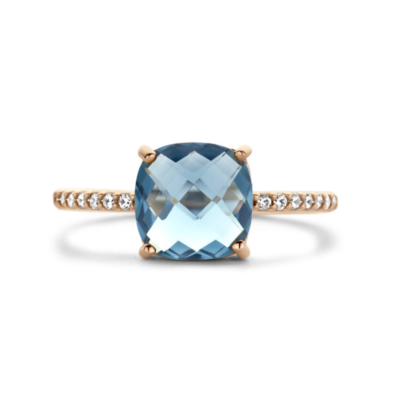 Roségouden edelsteen ring met London blue topaas 8 mm omringd met ...