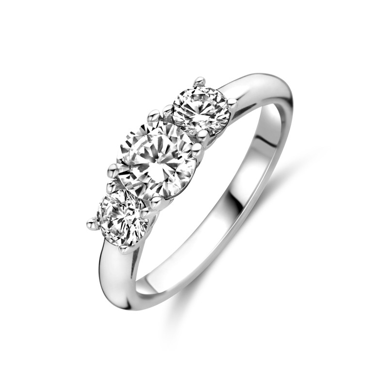 Zilveren trilogy ring met drie transparante zirkonia's | Mostert Juweliers